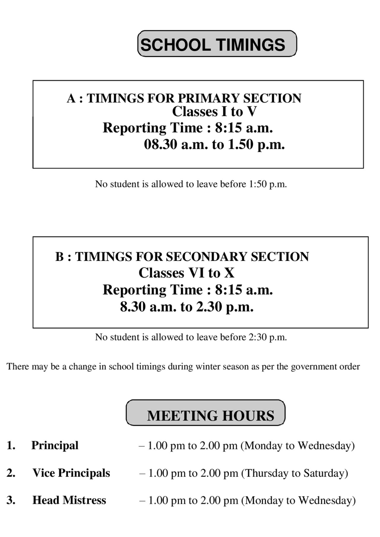 School Timing & Meeting Hours - Newnipania